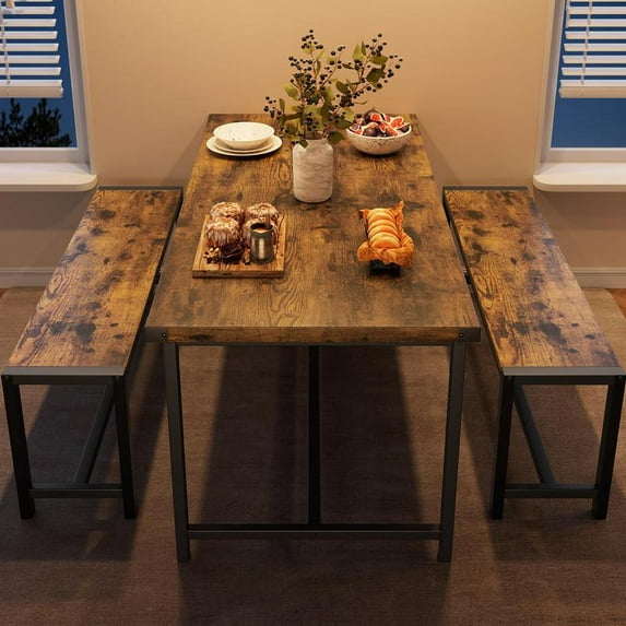Brown Dining Table Set for 4, Kitchen Table with 2 Metal Wood Benches, Rectangular Room Dining ...