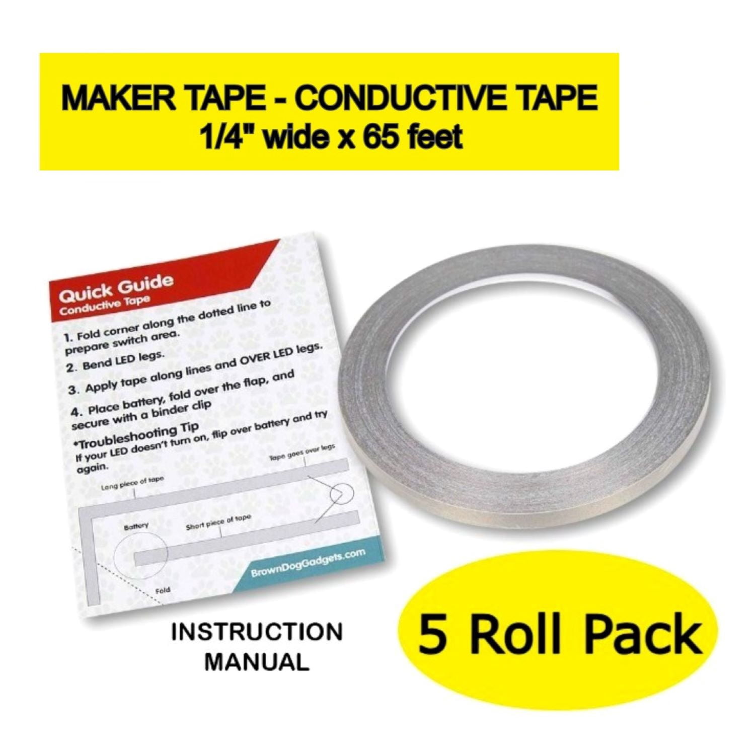 Brown Dog Gadgets Maker Tape – 5 Rolls of 1/4-Inch x 65-Ft Conductive ...