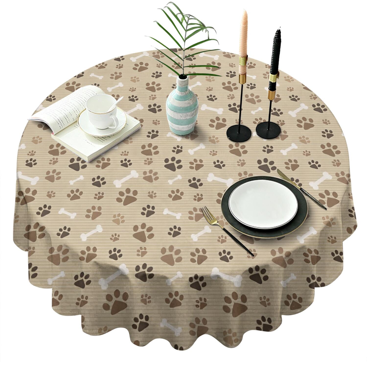 Brown Dog Paw Footprint Bone Round Tablecloth 60"x60",Wrinkle Wipeable ...