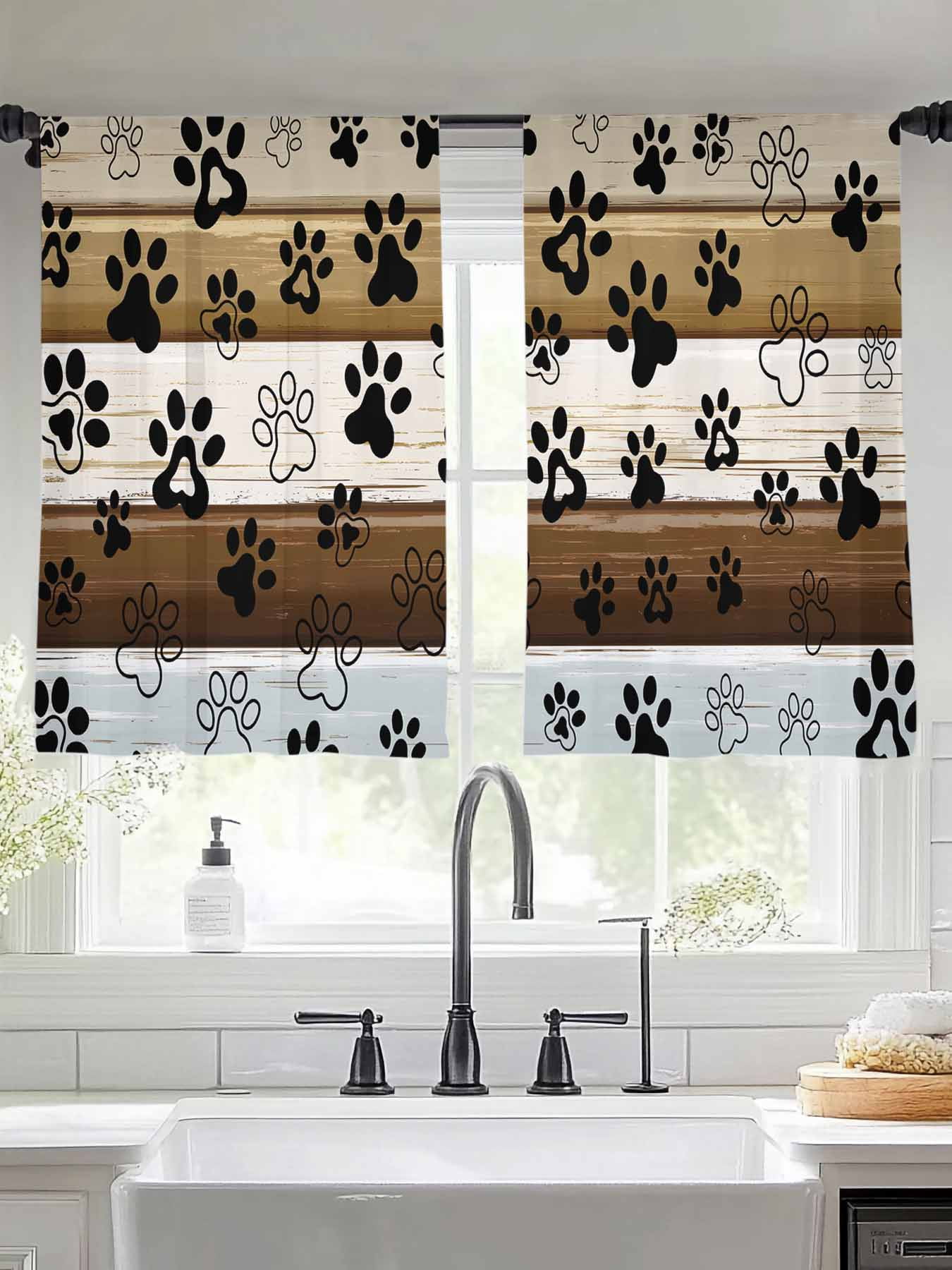 Brown Dog Paw Print Sheer Curtains for Living Room Bedroom Vintage ...