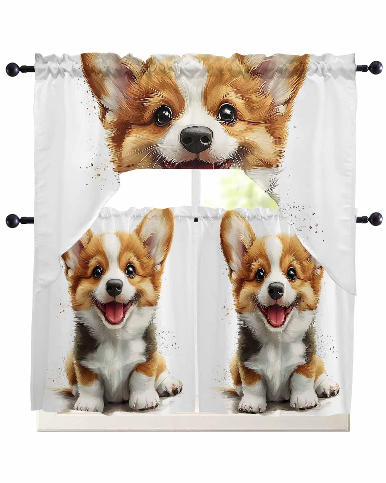 Brown Dogs Kitchen Curtains Swag Valance and Tier Curtains Set 24 Inch ...
