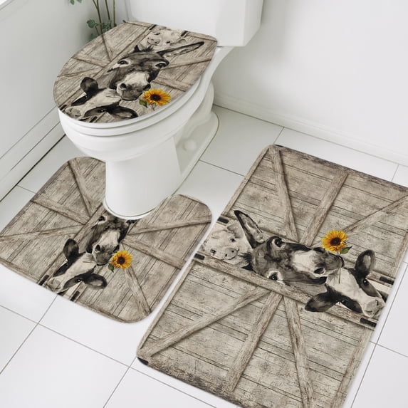 Brown Donkey Pig Cow Bathroom Rugs Set Retro Farmhouse Animal Yellow ...