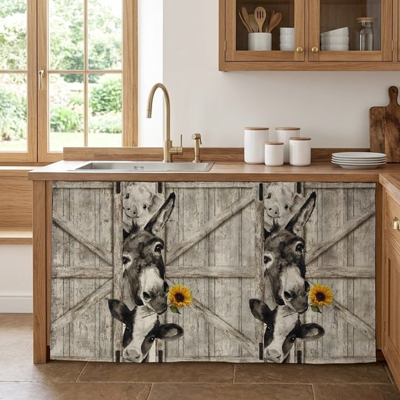 Brown Donkey Pig Cow Cabinet Curtains 32" W x 55" L Retro Farmhouse ...