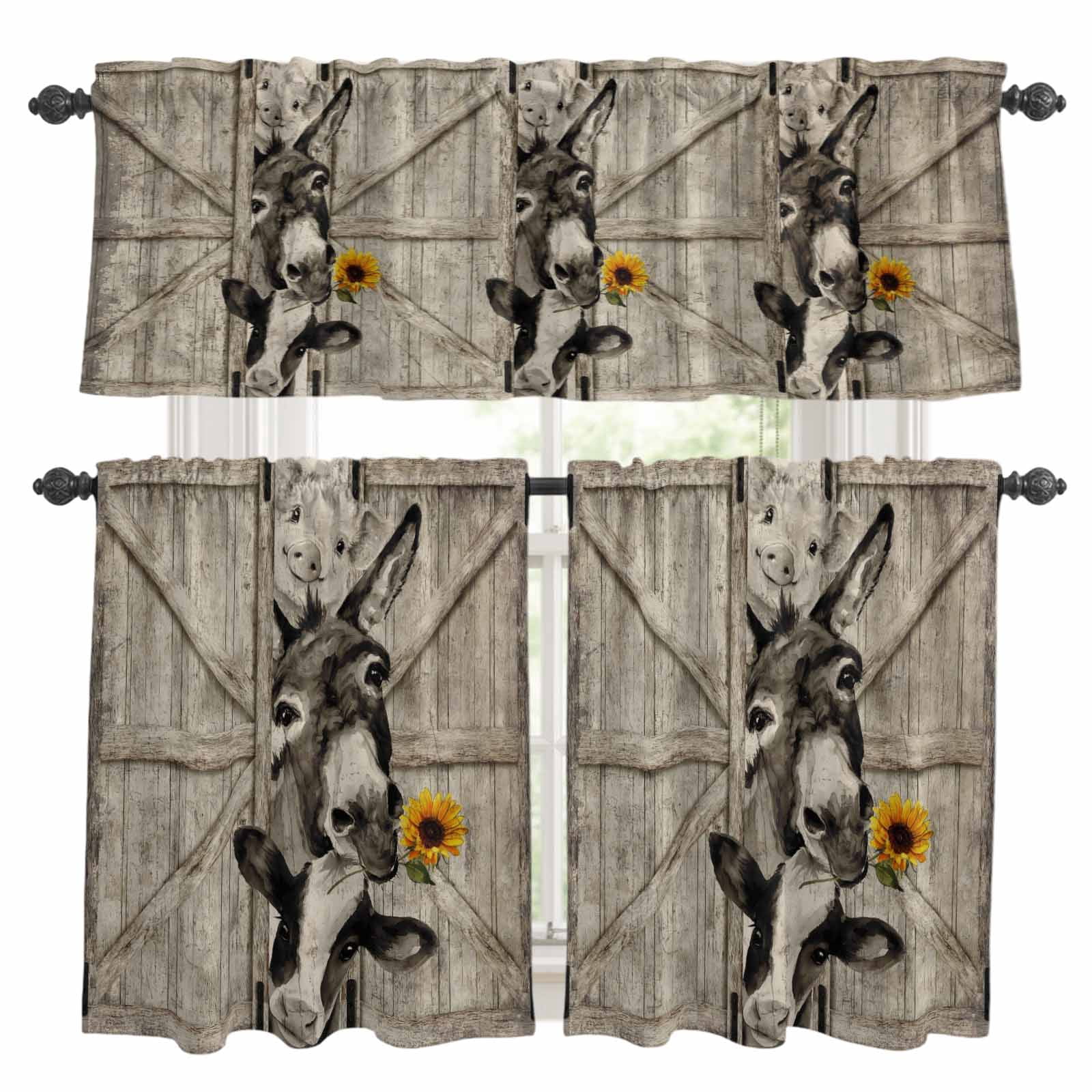 Brown Donkey Pig Cow Kitchen Curtains Valances and Tiers Set of 3 Retro ...