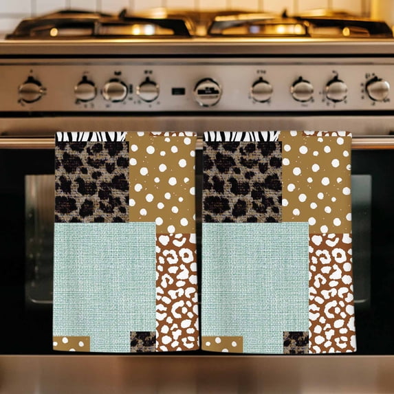 Brown Dots Leopard Kitchen Towels Set of 2, Zebra Teal Linen Patchwork ...