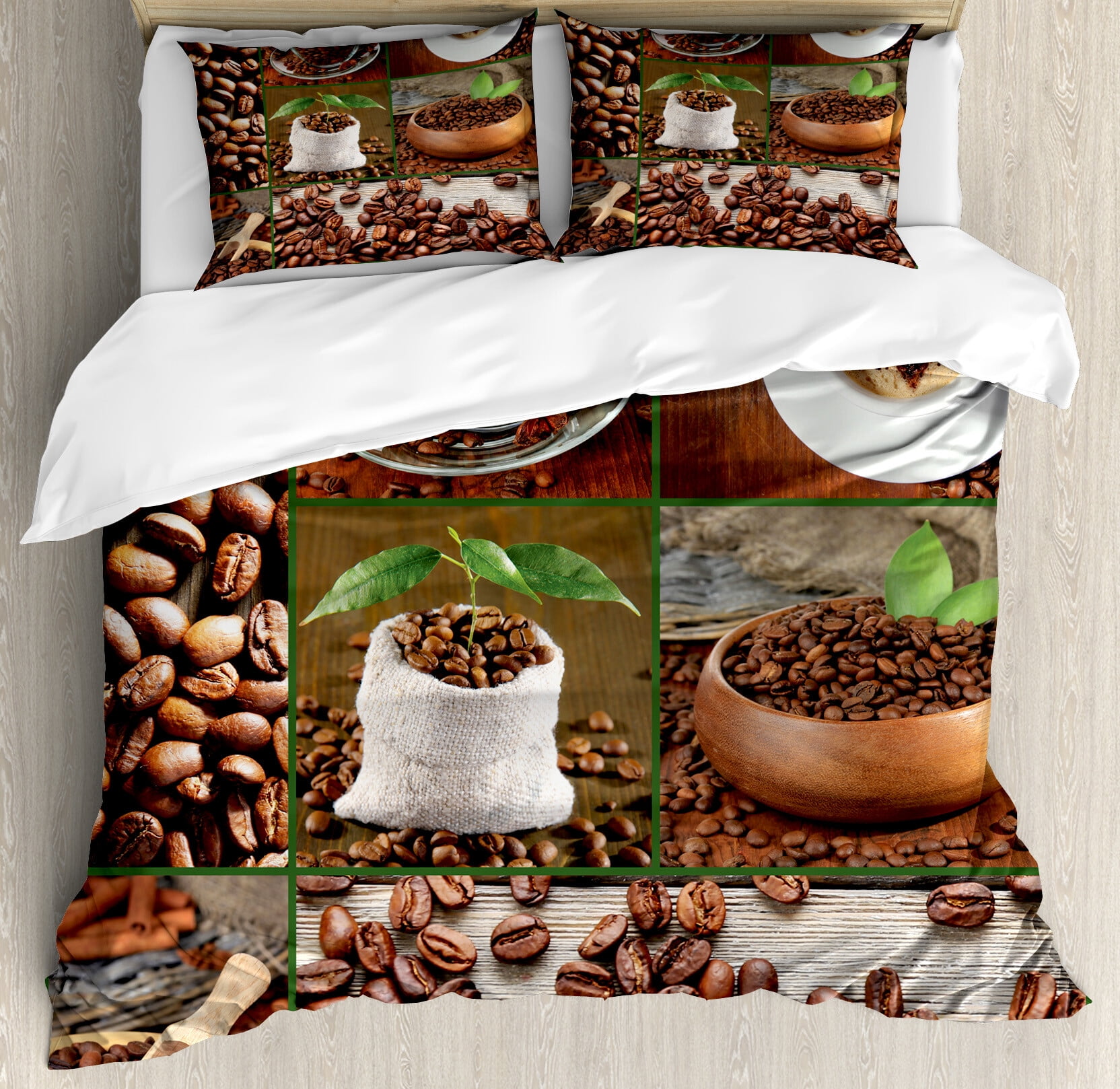 Brown Duvet Cover Set, Collage of Coffee Beans in Cups and Bags with Green Leaves on Wooden ...