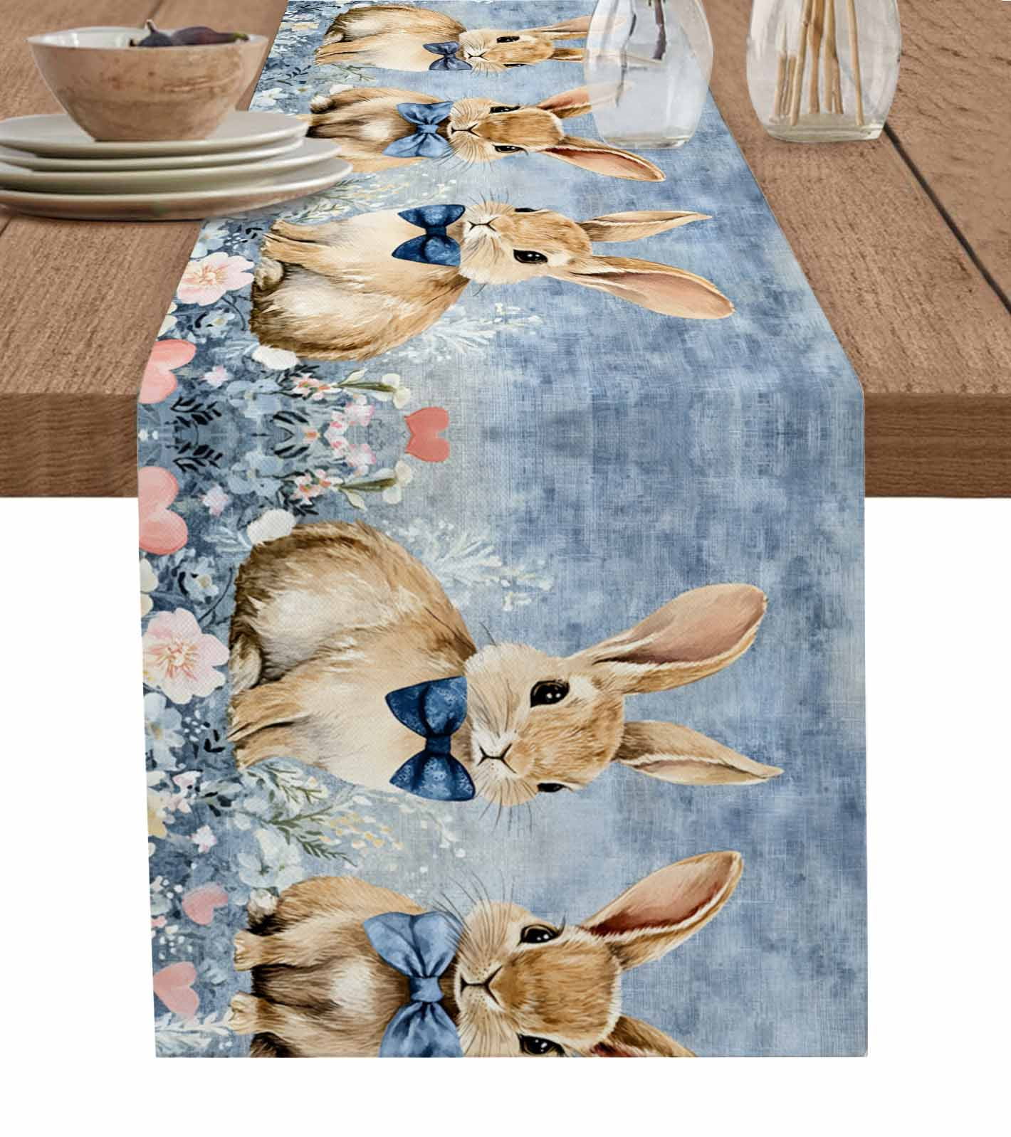 Brown Easter Bunny Burlap Cotton Table Runner 13x120 Inches Long, Spring Floral Blue Farmhouse ...