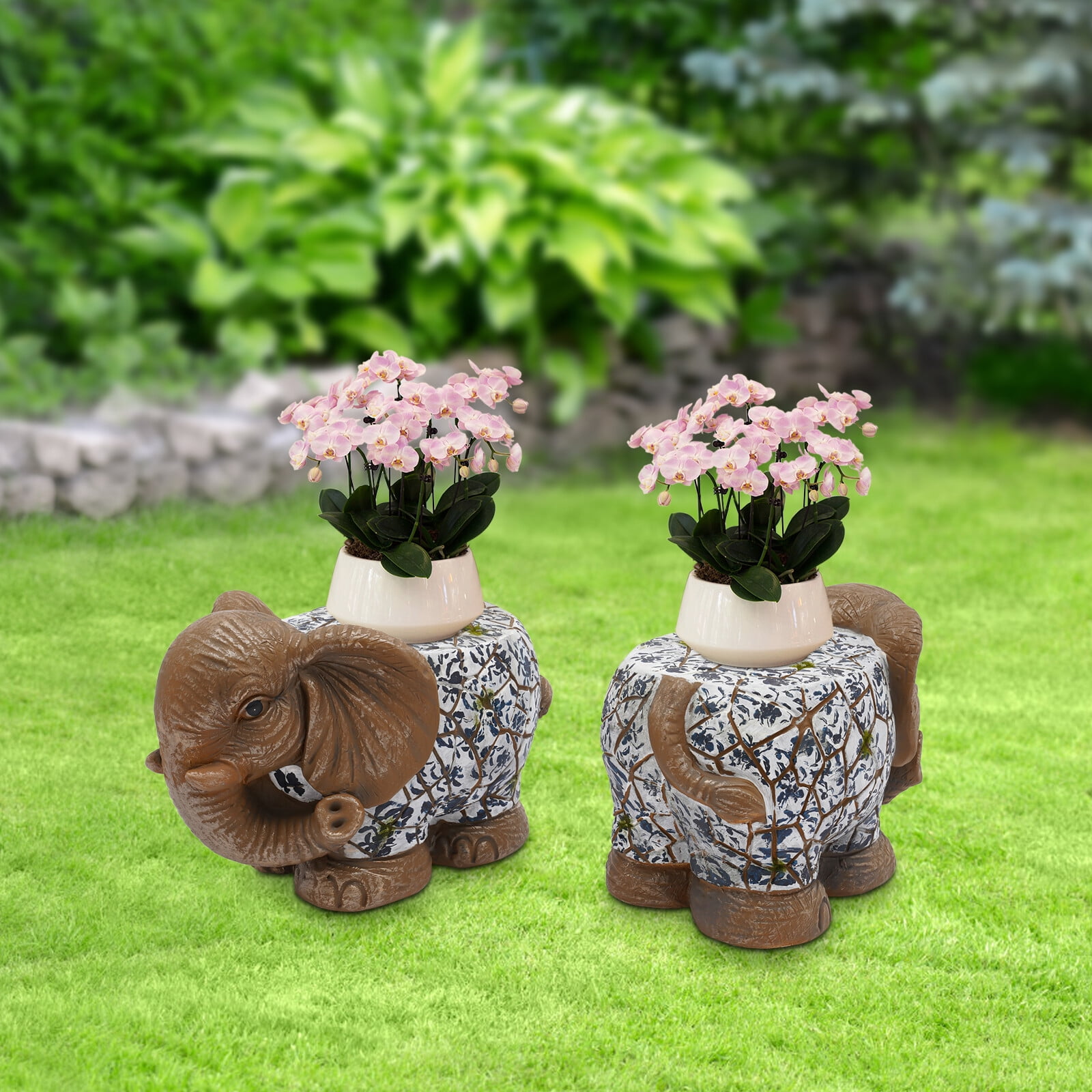 Brown Elephant Ceramic Garden Stool Trunk Up Side Table Glossy Accent 9 ...