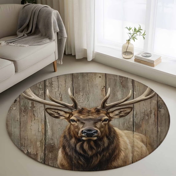 Brown Elk 3FT Round Area Rug Rustic Farmhouse Animals Wood Grain ...