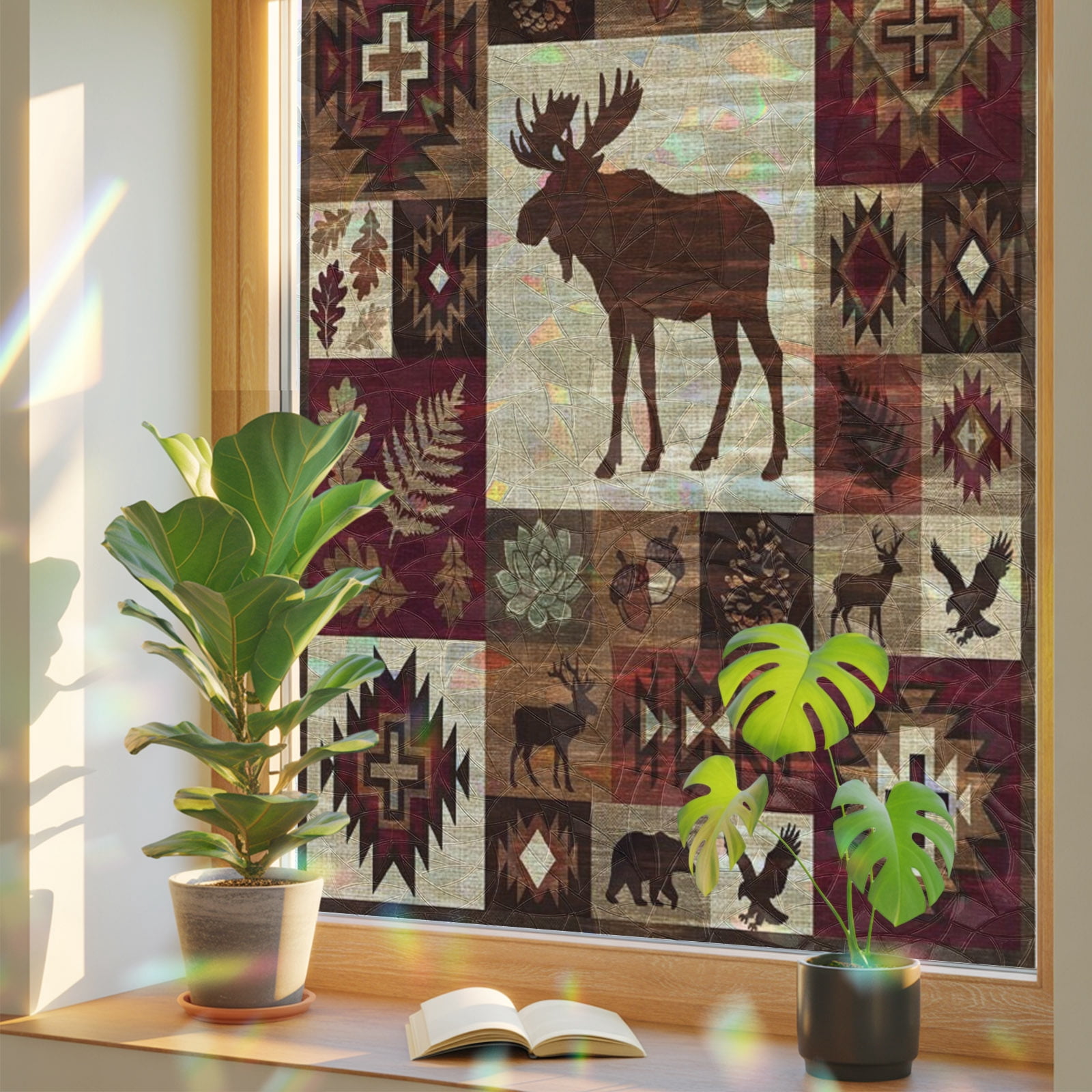 Brown Elk Boho Window Privacy Film Rainbow Static Cling Stain Glass ...