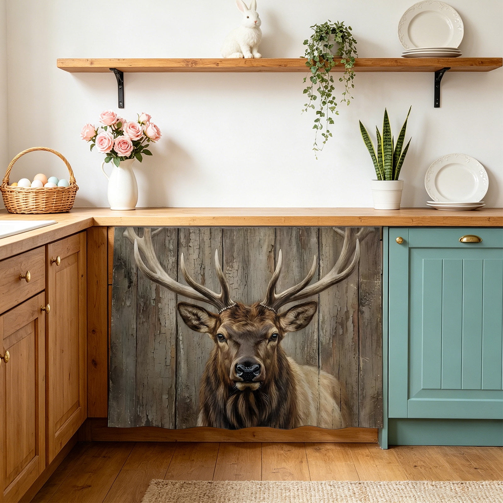 Brown Elk Cabinet Curtains 10" W x 11" L Rustic Farmhouse Animals Wood ...