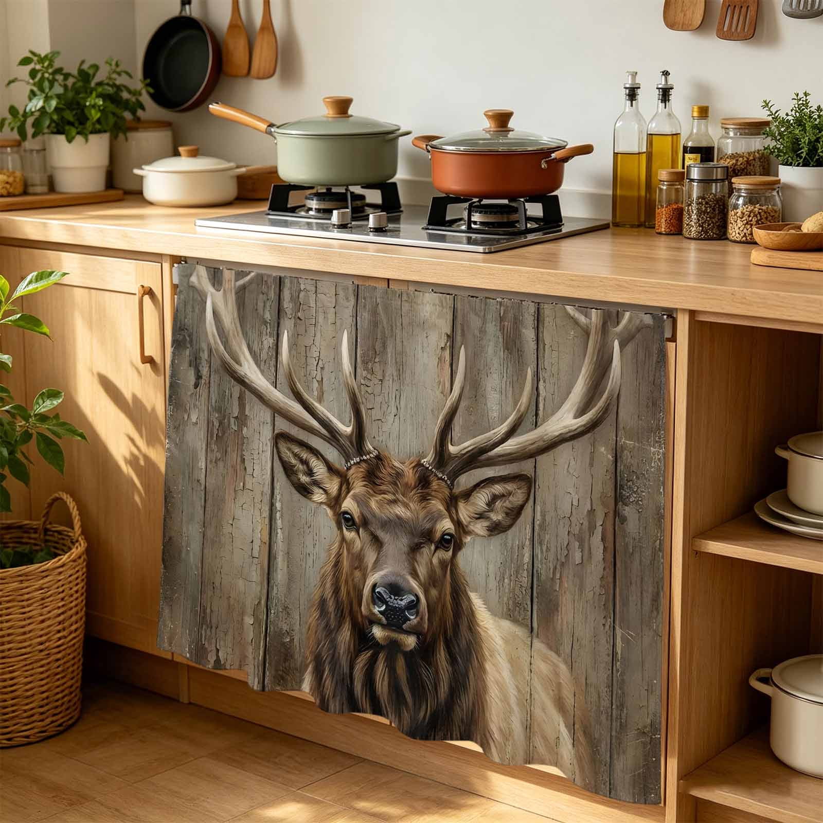 Brown Elk Cabinet Curtains 35"Wx35"L, Rustic Farmhouse Animals Pattern ...