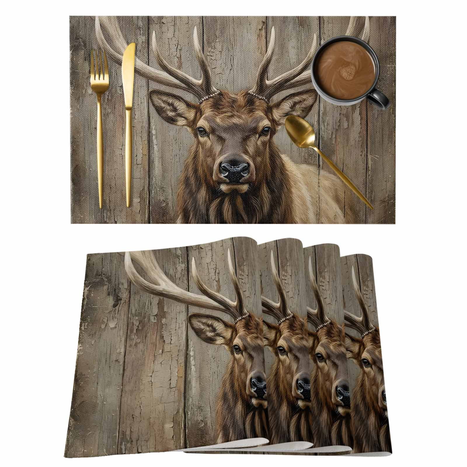 Brown Elk Cotton Linen Placemats Set of 2, Rustic Farmhouse Animals ...