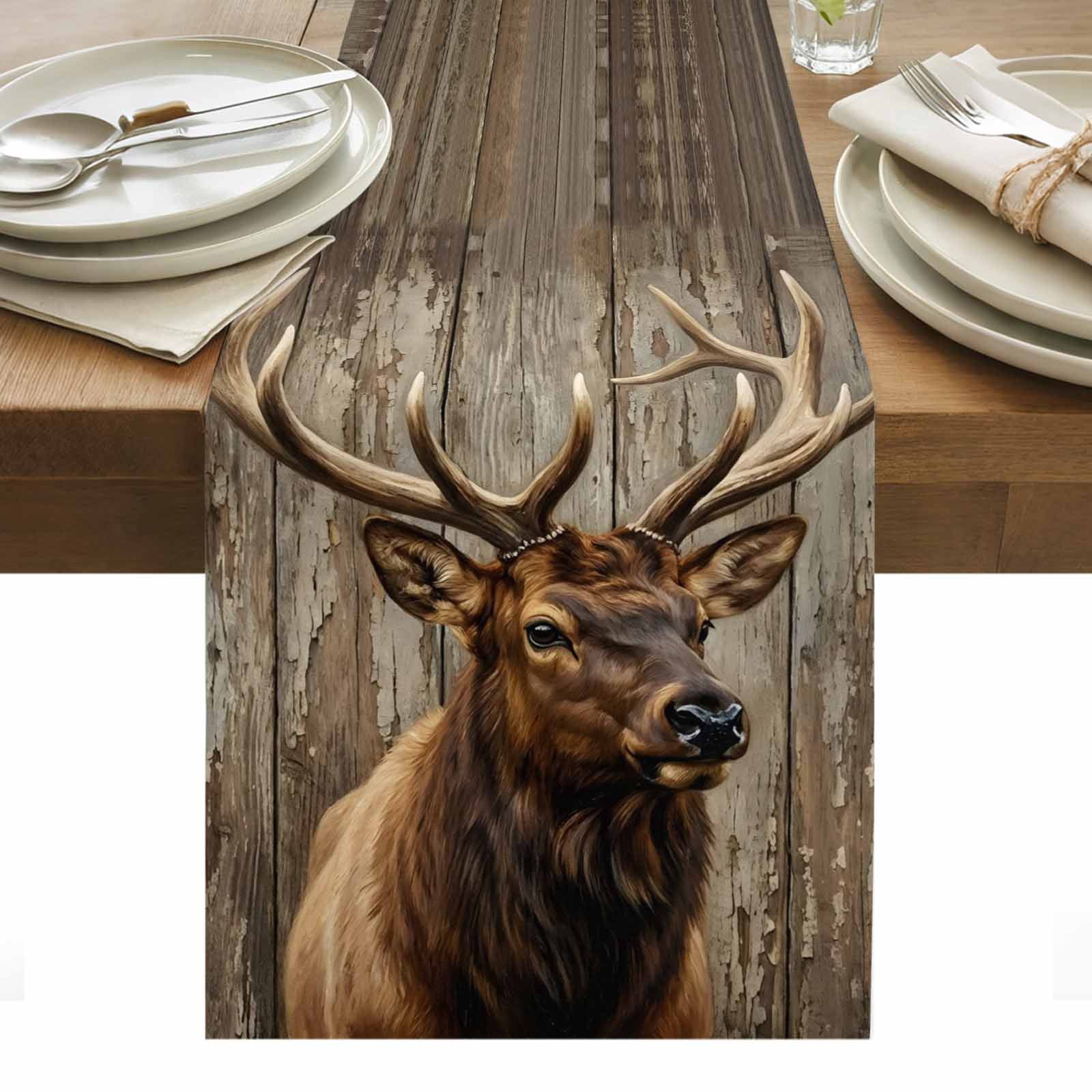 Brown Elk Cotton Linen Table Runner Farmhouse Animals Wood Grain ...