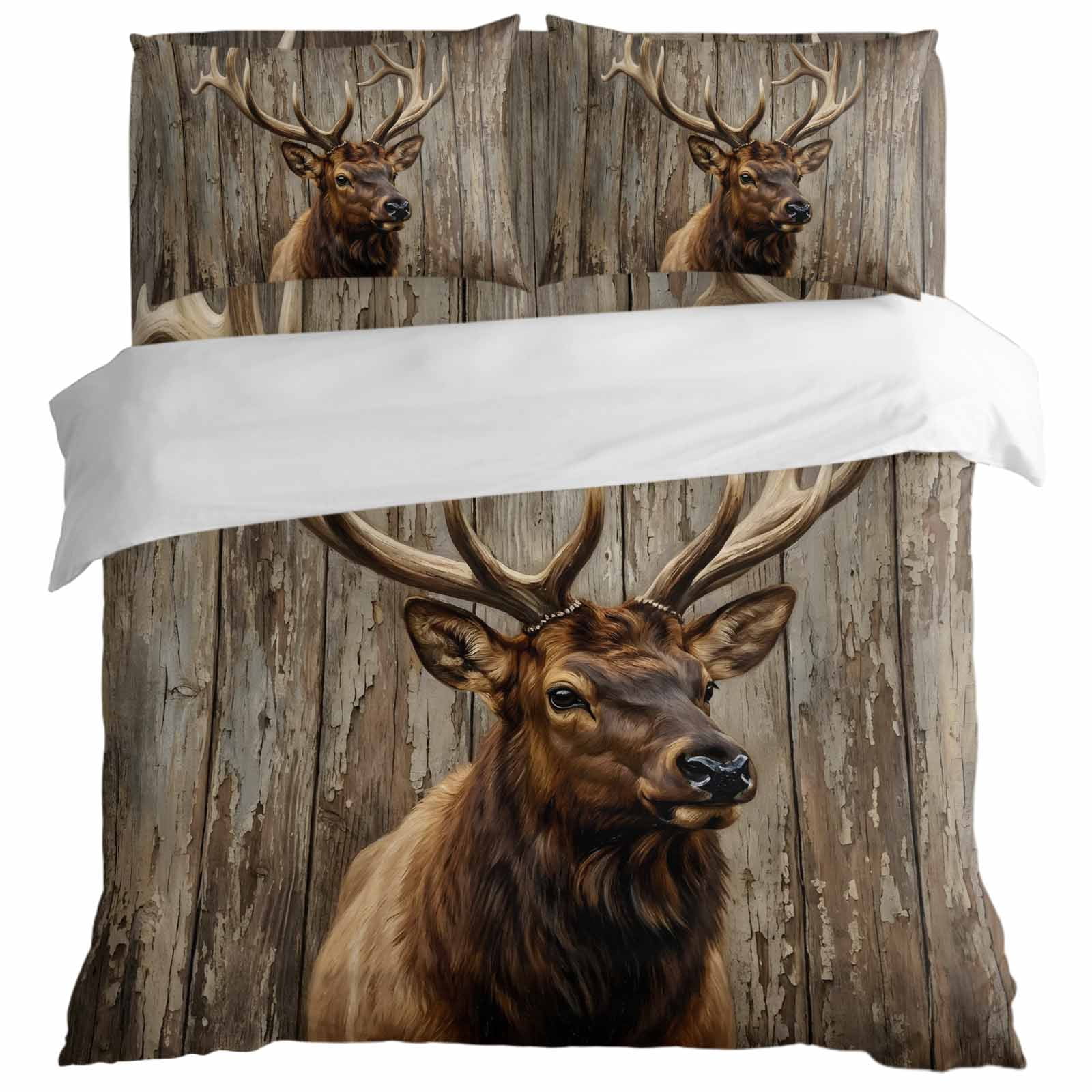 Brown Elk Duvet Cover Set Twin Size, Farmhouse Animals Wood Grain ...