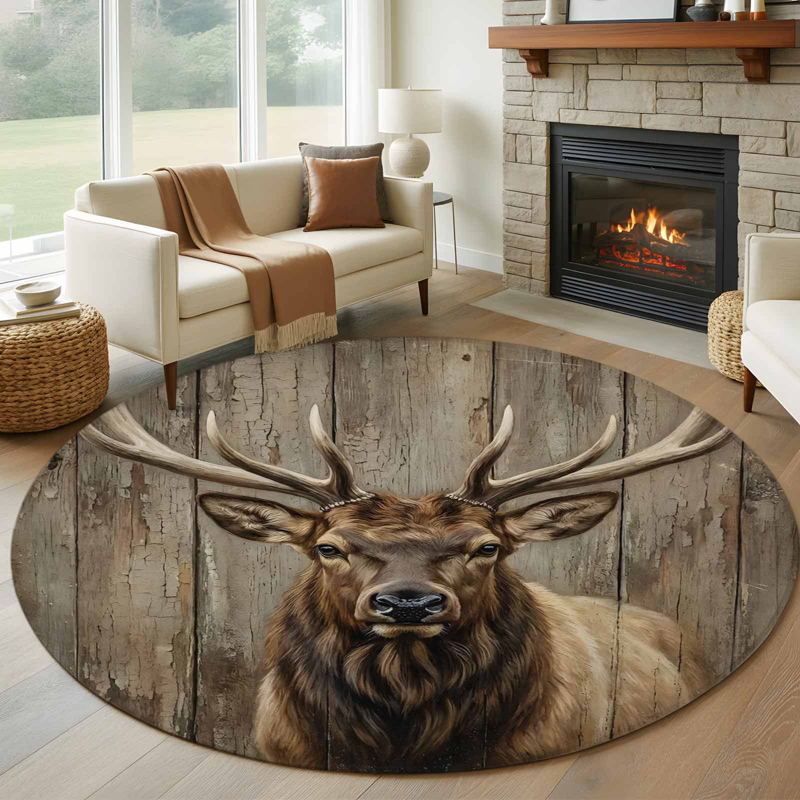 Brown Elk Large Round Rug 7Ft Rustic Farmhouse Animals Wood Grain ...