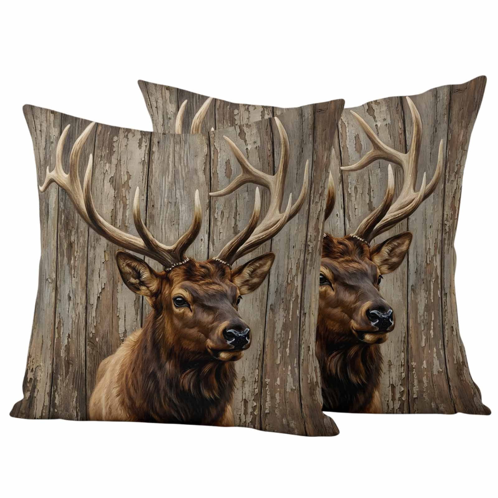 Brown Elk Outdoor Pillow Covers Set of 2 Farmhouse Animals Wood Grain ...