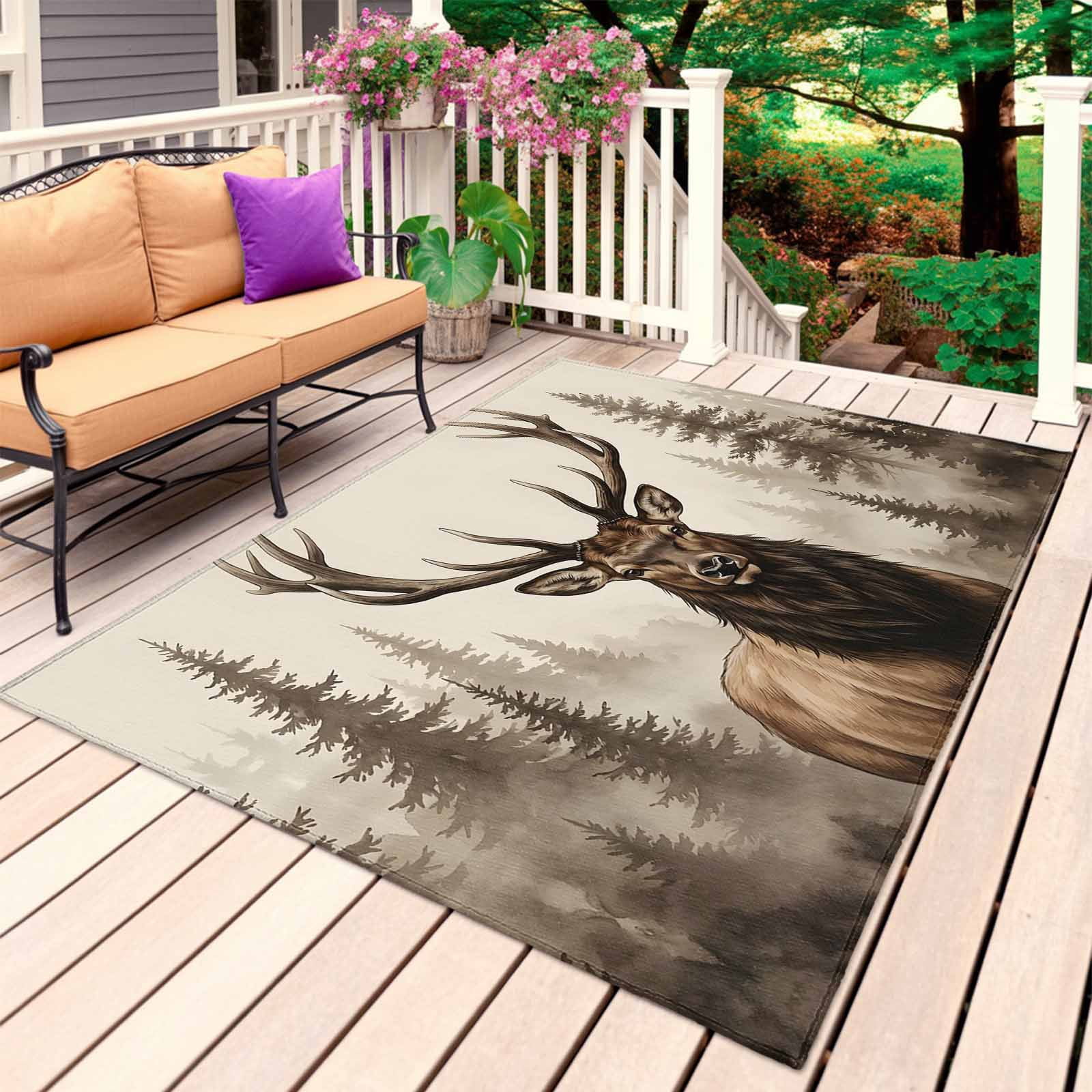Brown Elk Outdoor Rug for Patio/Deck/Porch, Non-Slip Large Area Rug 5 x ...