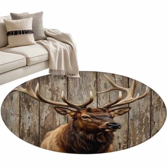 Brown Elk Round Living Room Rugs 3.3 ft, Farmhouse Animals Wood Grain ...