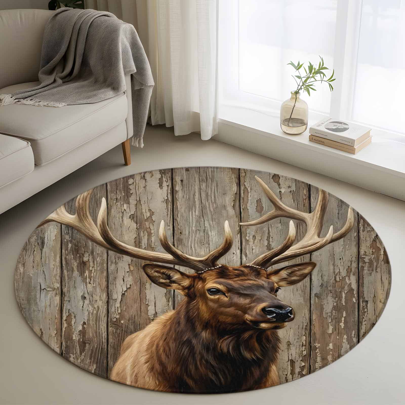 Brown Elk Round Rug 3.3Ft Farmhouse Animals Wood Grain Background ...