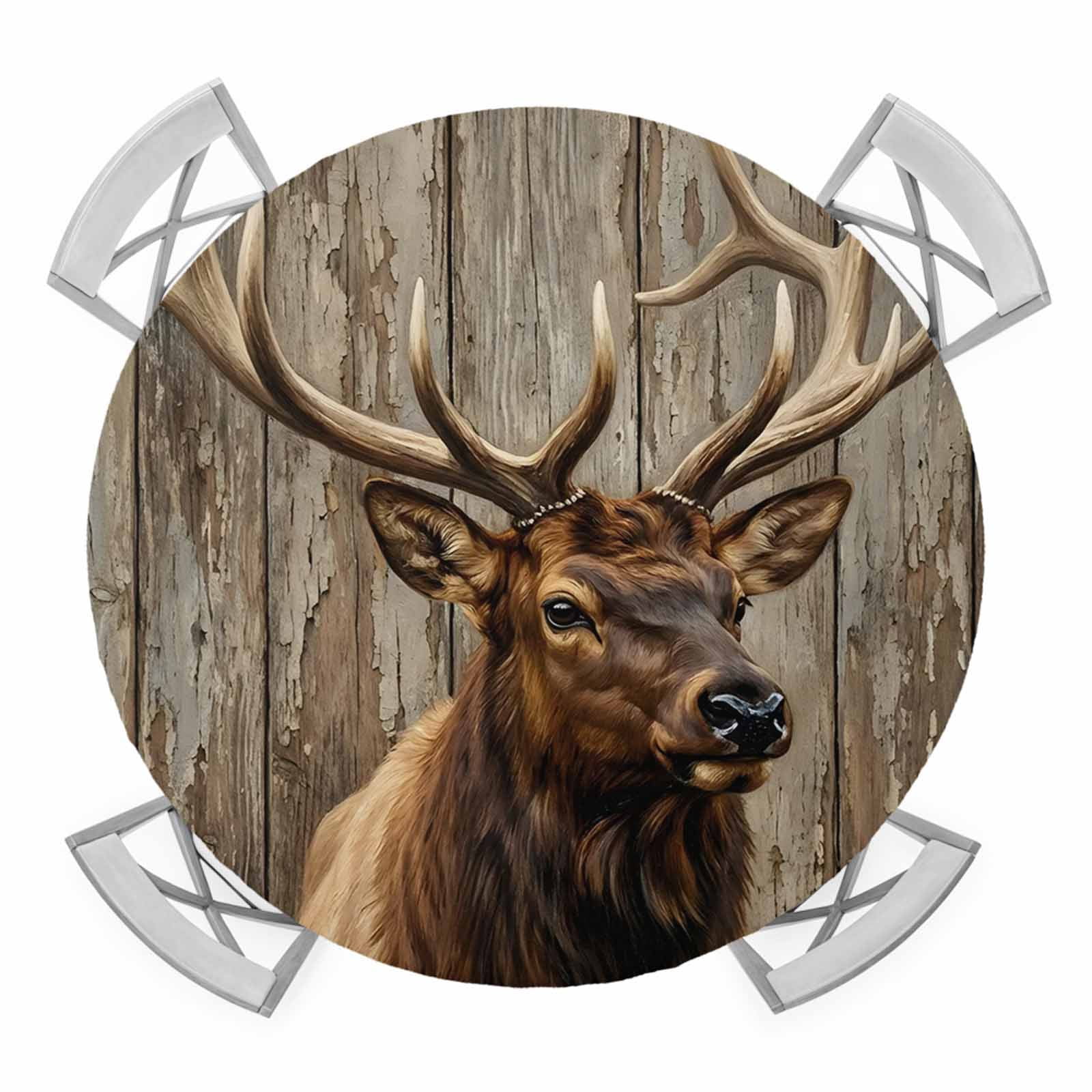 Brown Elk Round Table Cover, Farmhouse Animals Wood Grain Background ...