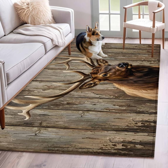 Brown Elk Runner Rug Non Slip 2.7x5 Farmhouse Animals Wood Grain ...