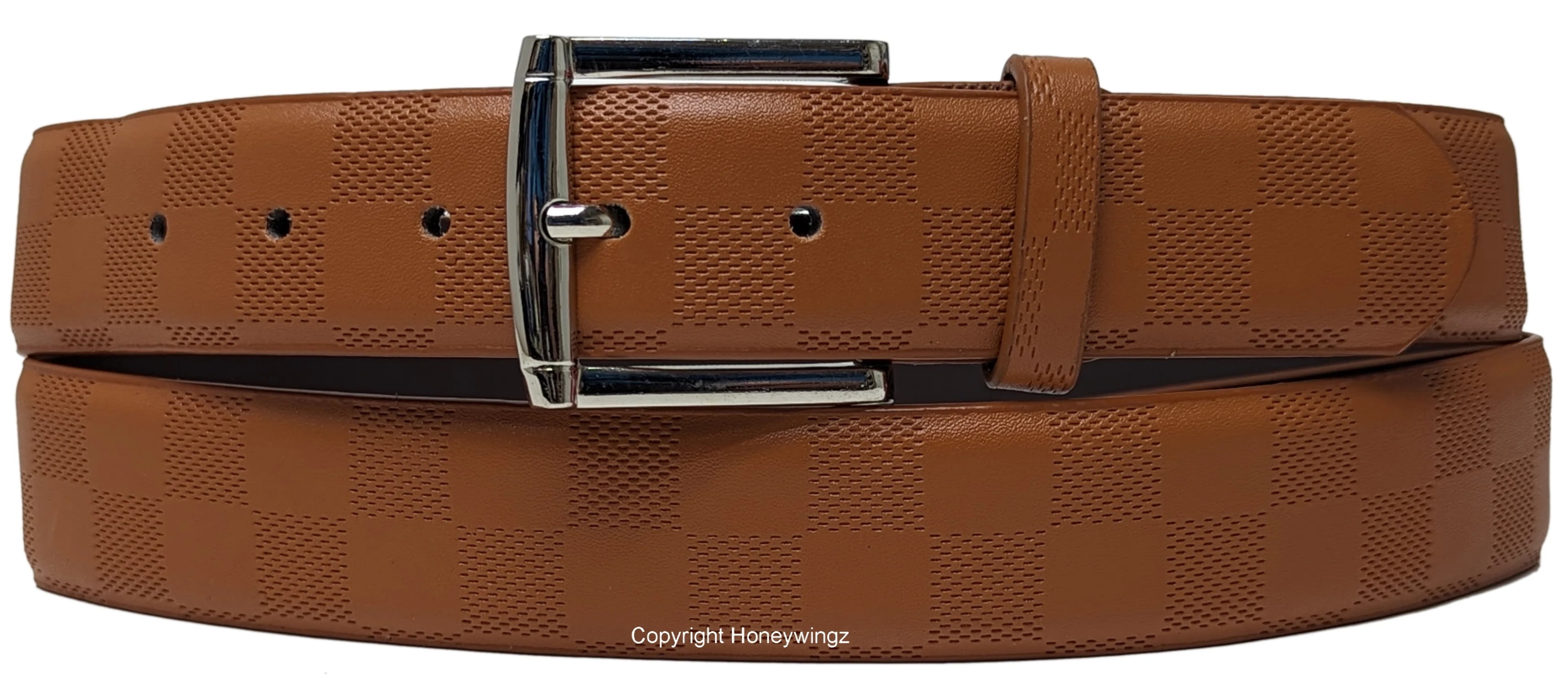 Brown Embossed Checkers Bonded Leather Belt with Silver Chrome Belt ...
