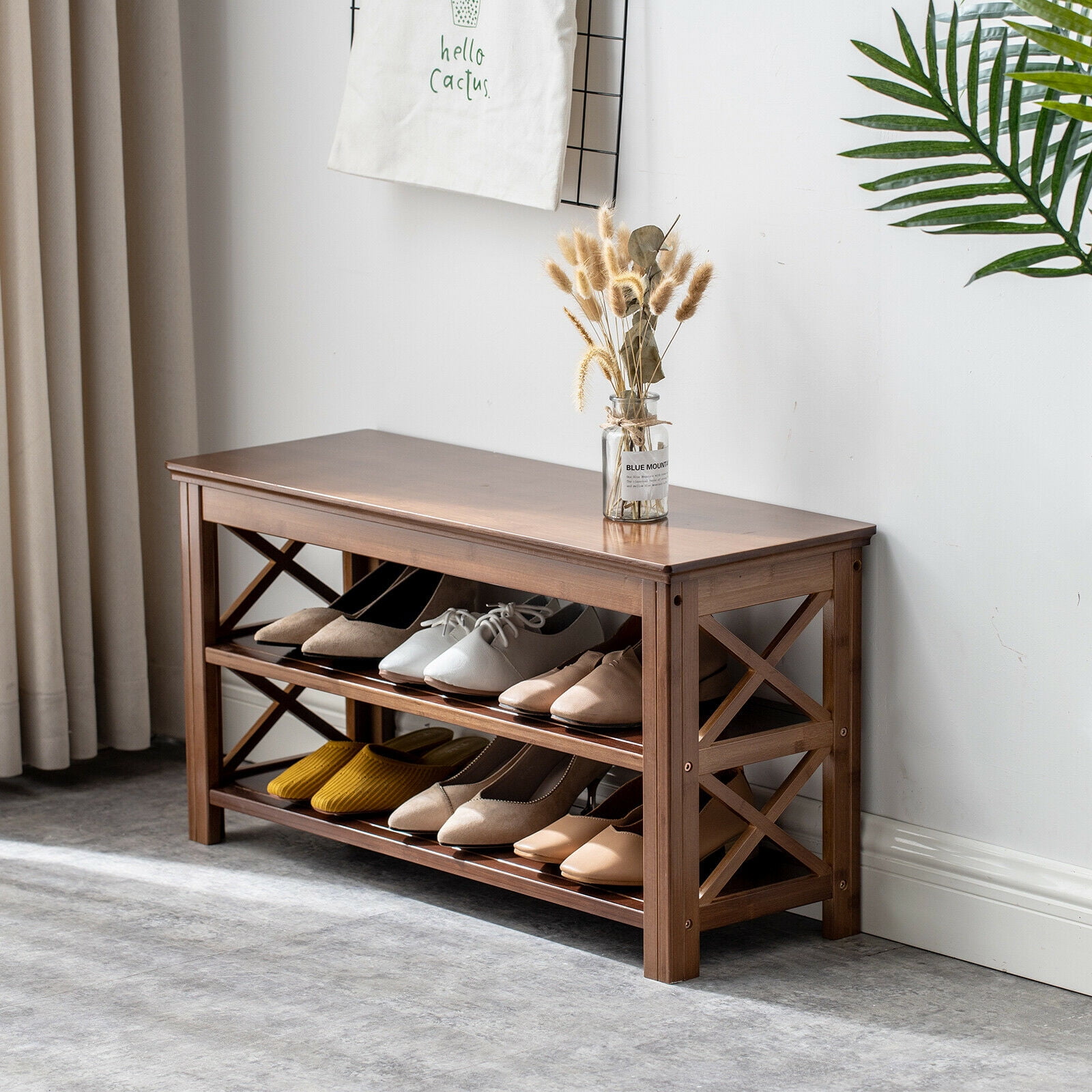 Brown Entryway Organizer Shoe Bench 2-Tier Bamboo 6 Pairs Storage Rack ...