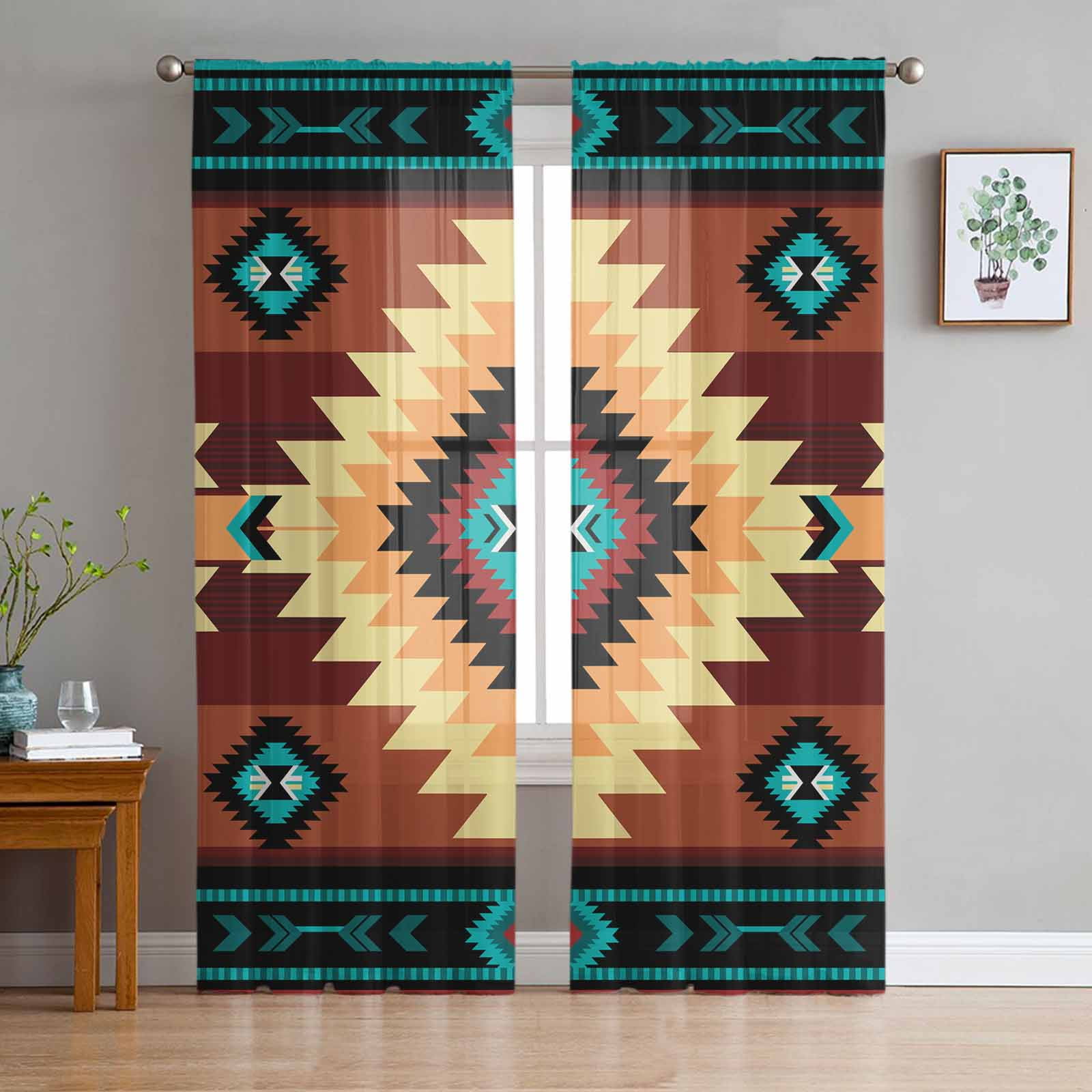 Brown Ethnic Bohemian Style Geometric Sheer Curtains for Living Room ...