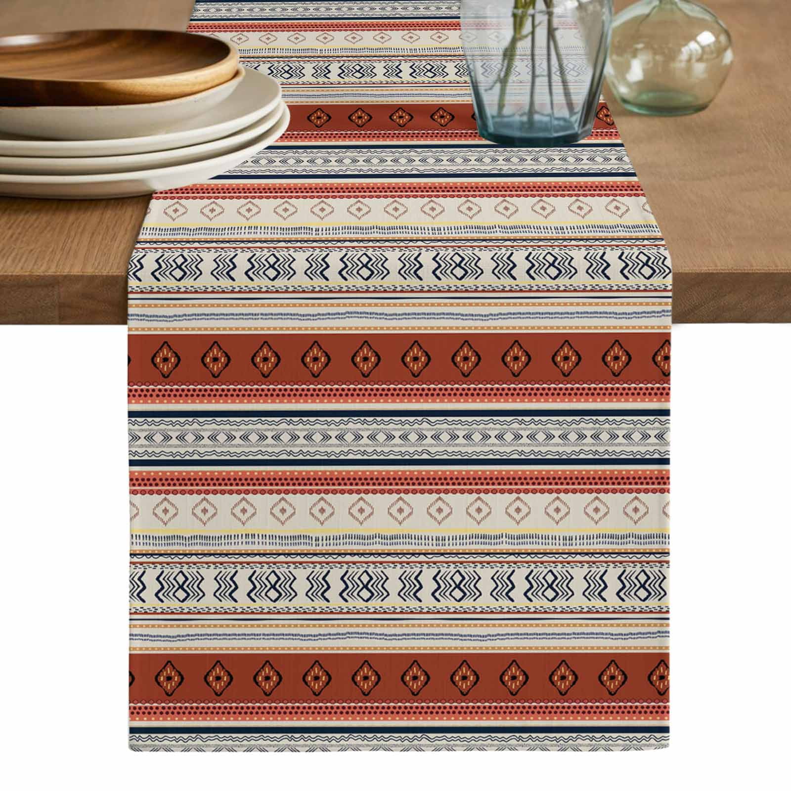 Brown Ethnic Boho Table Runner, Modern Stripes Geometric Abstract ...