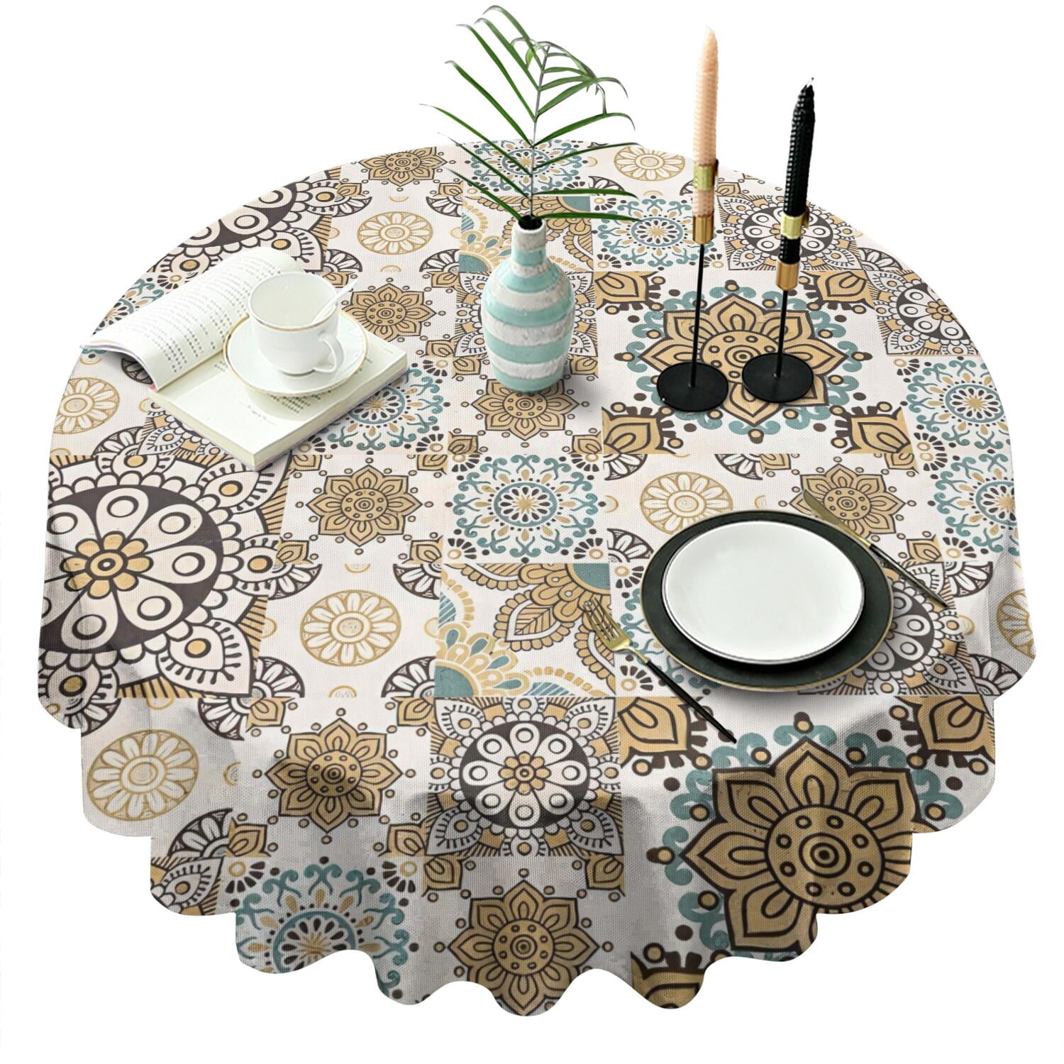 Brown Ethnic Floral and Mandala Pattern Round Tablecloth 60"x60 ...