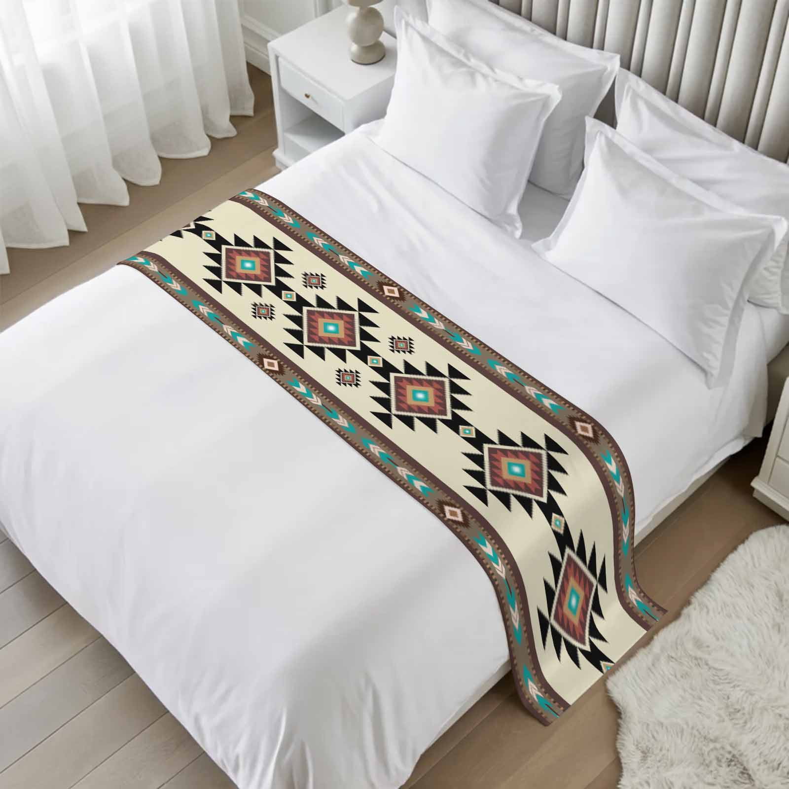 Brown Ethnic Pattern Bed Runner Scarf, Retro Bohemian Square Abstract ...