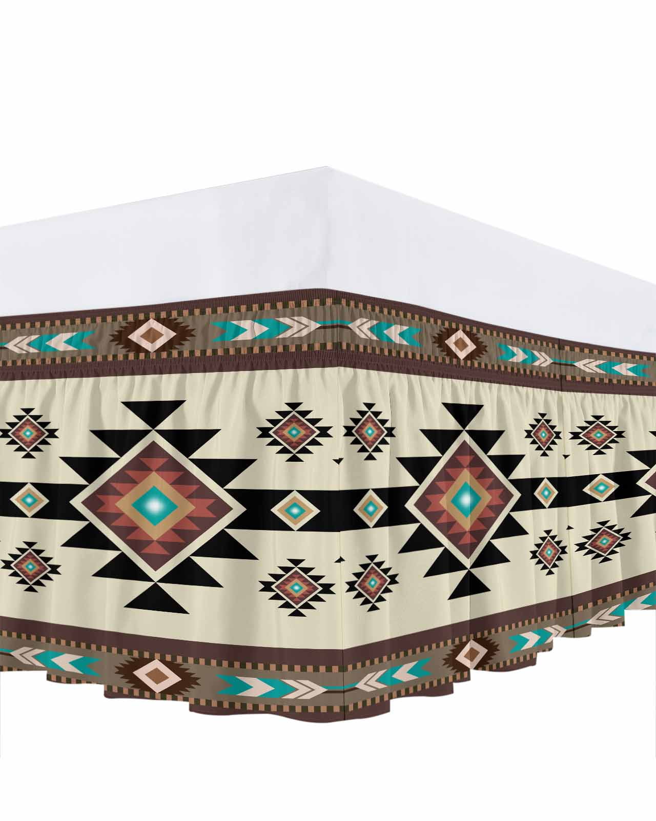 Brown Ethnic Pattern Bed Skirt Retro Bohemian Square Abstract Geometric ...