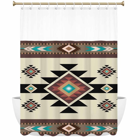 Brown Ethnic Pattern Shower Curtain with See Through Top Window Retro ...