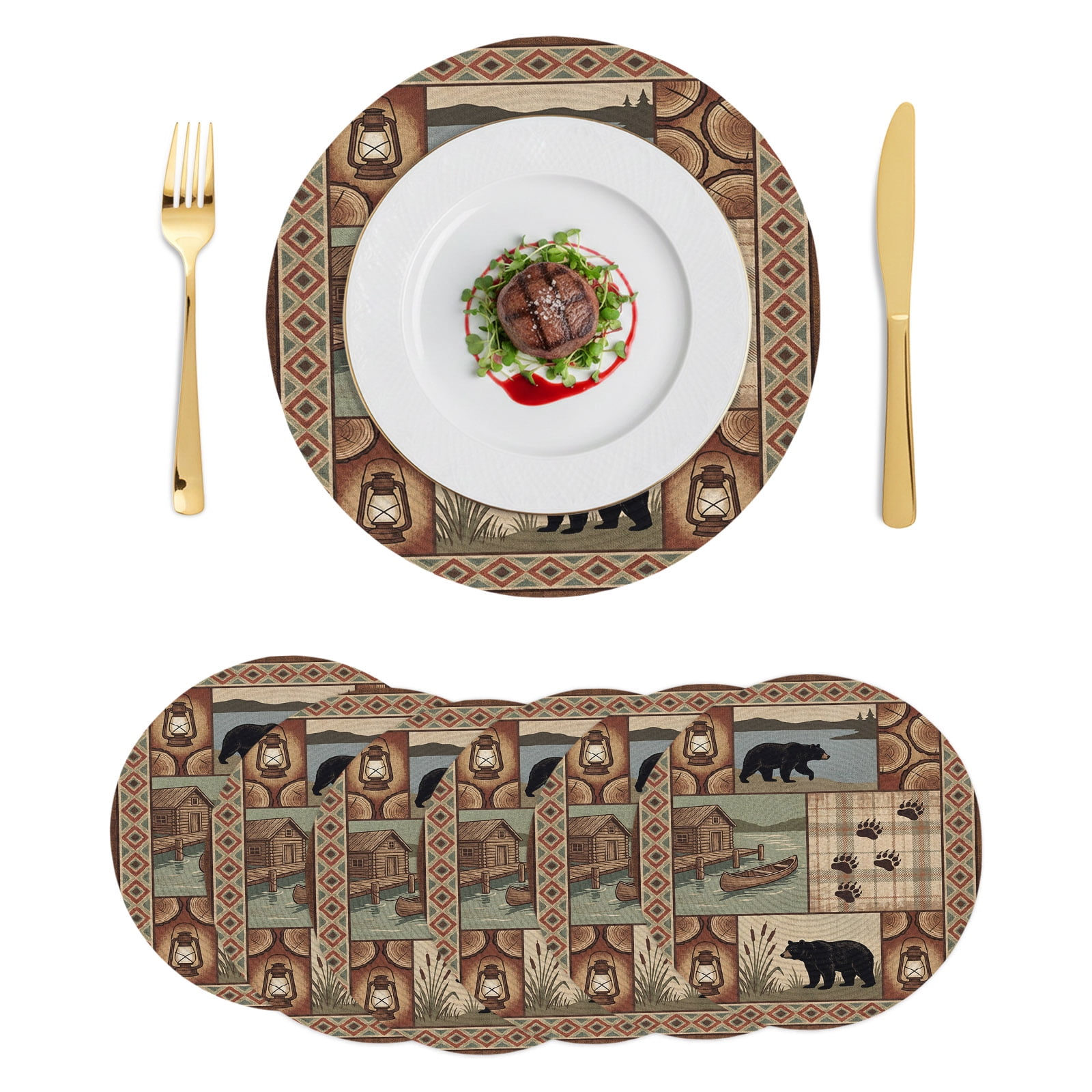 Brown Ethnic Round Placemats Set of 6 Black Bear Paw Farmhouse Cabin ...
