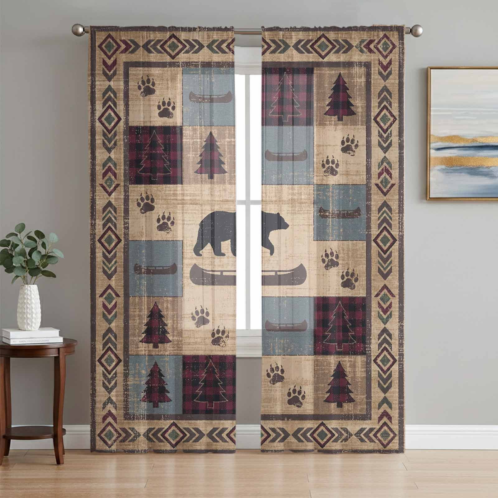 Brown Ethnic Sheer Curtains for Living Room Bedroom Black Bear Farm ...