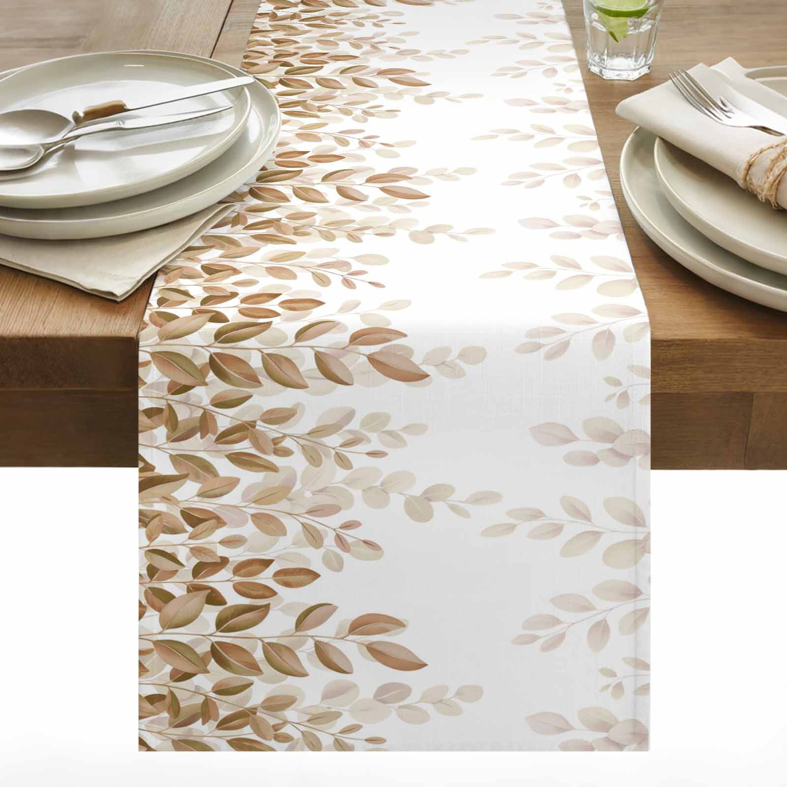 Brown Eucalyptus Cotton Linen Table Runner Retro Fall Watercolor Leaves ...