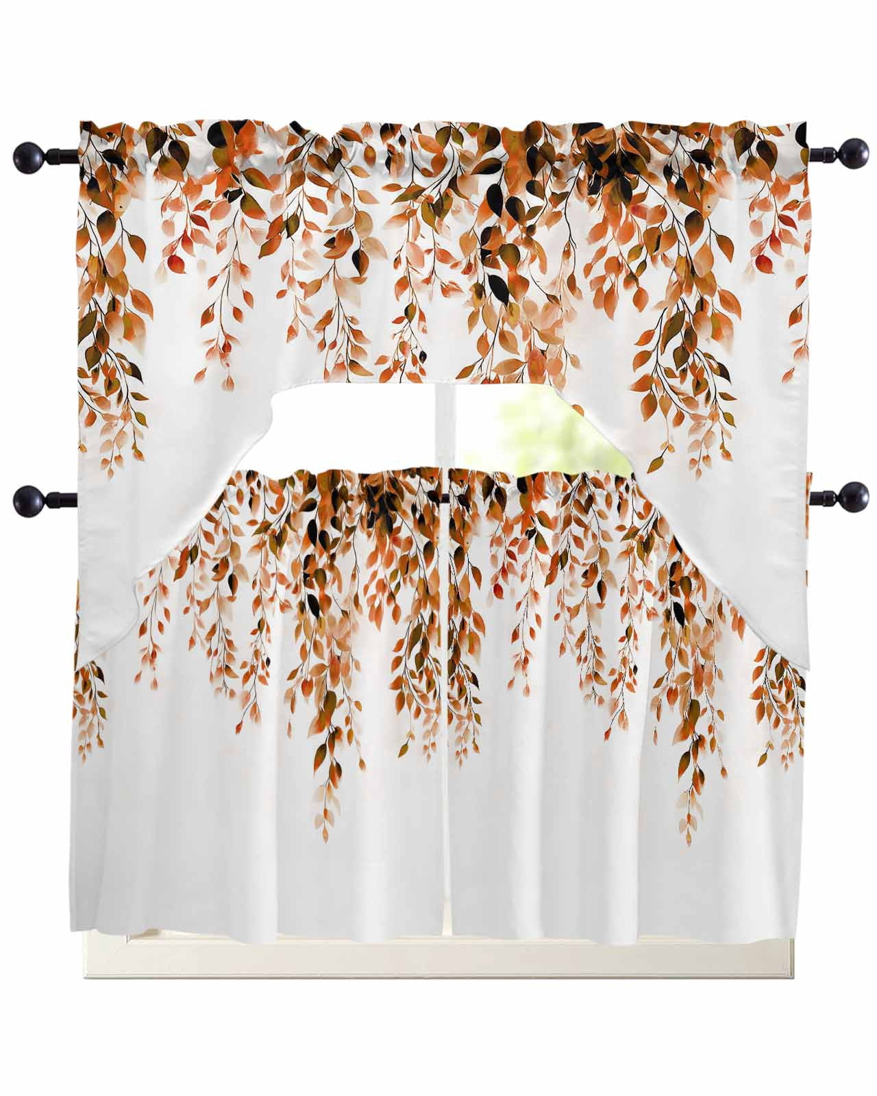 Brown Eucalyptus Leaf Swag Valance for Window, 3 Piece Farmhouse ...
