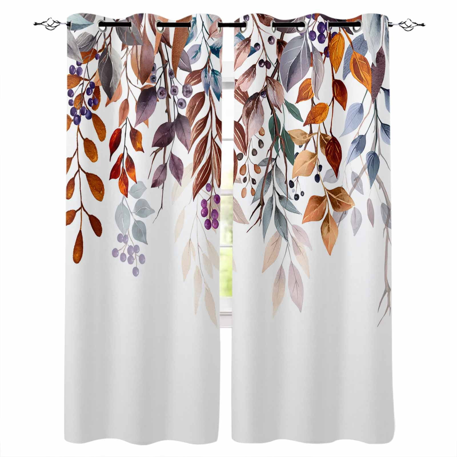 Brown Eucalyptus Leaves Blackout Curtains for Bedroom, Summer Botanical ...
