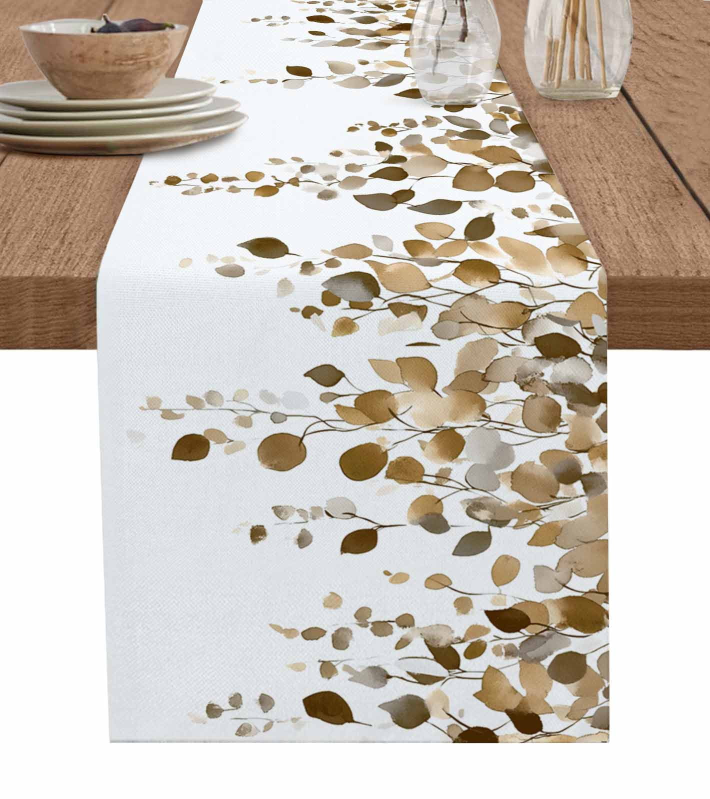 Brown Eucalyptus Leaves Burlap Cotton Table Runner 13x70 Inches Long ...