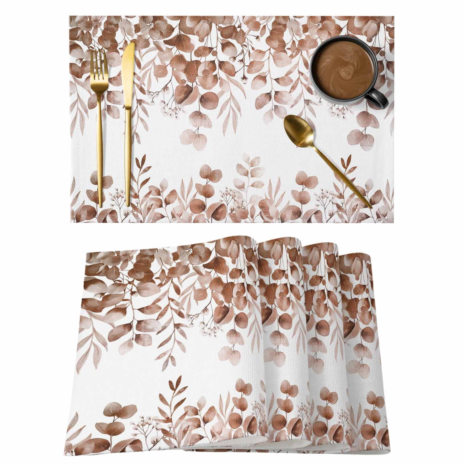 Brown Eucalyptus Leaves Cotton Linen Placemats Set of 6, Watercolor ...