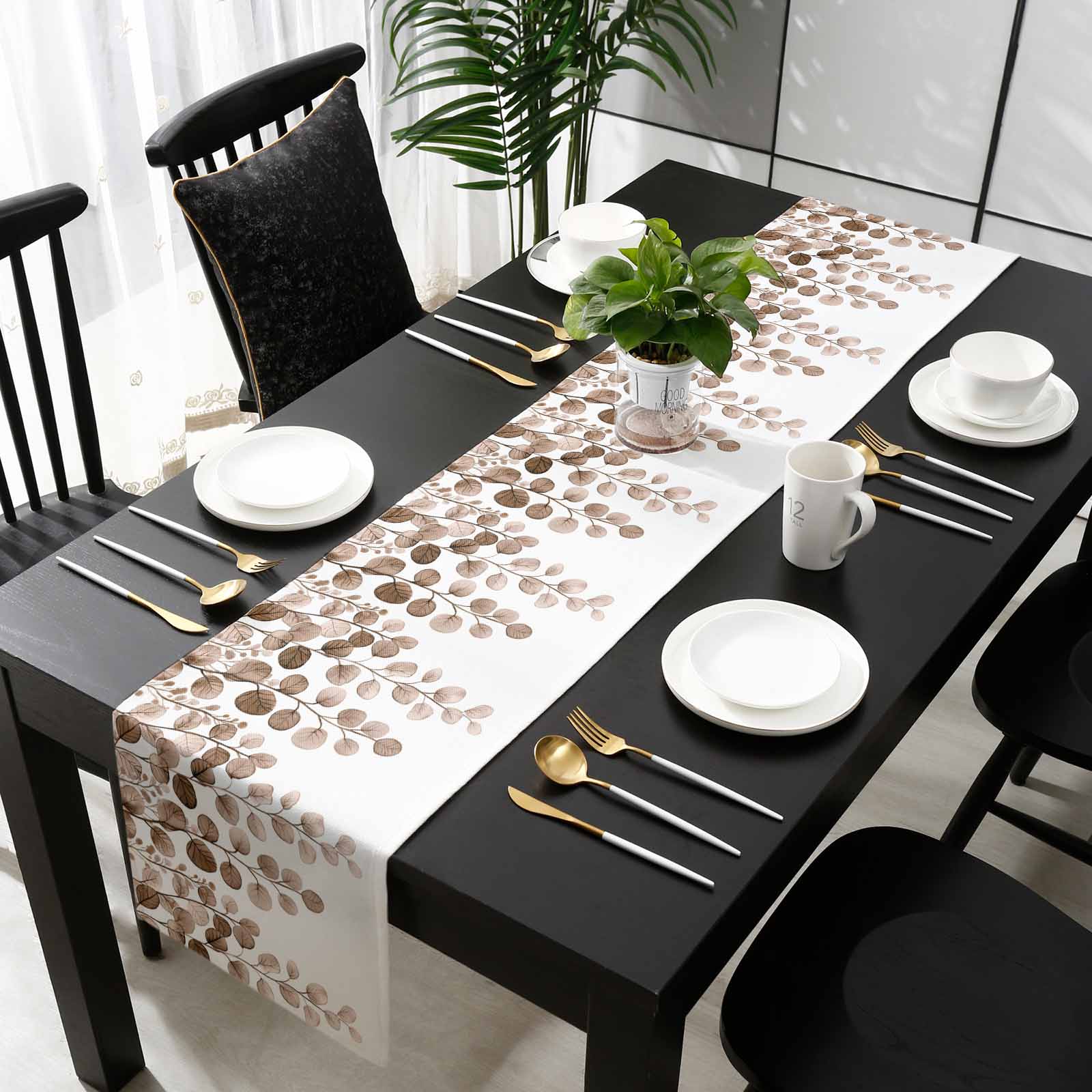 Brown Eucalyptus Leaves Cotton Linen Small Table Runner 13 x 60 inch ...