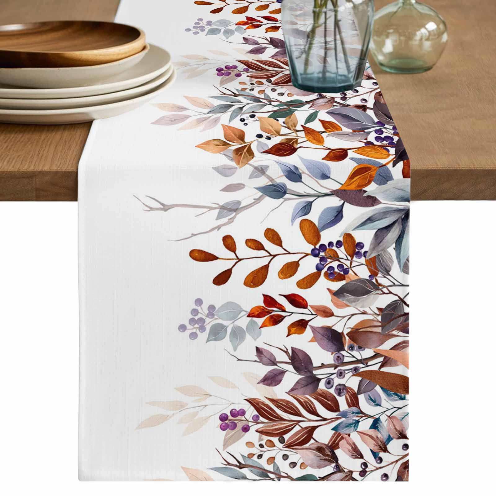 Brown Eucalyptus Leaves Cotton Linen Table Runner for Dining Kitchen ...