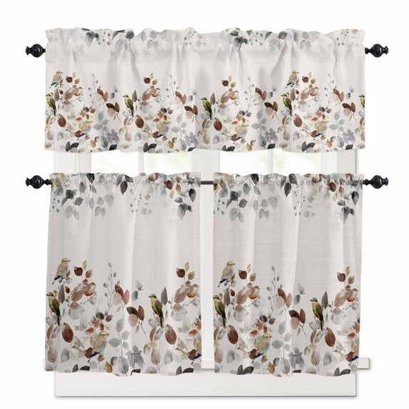 Brown Eucalyptus Leaves Kitchen Curtains Valance and Tier Set ...