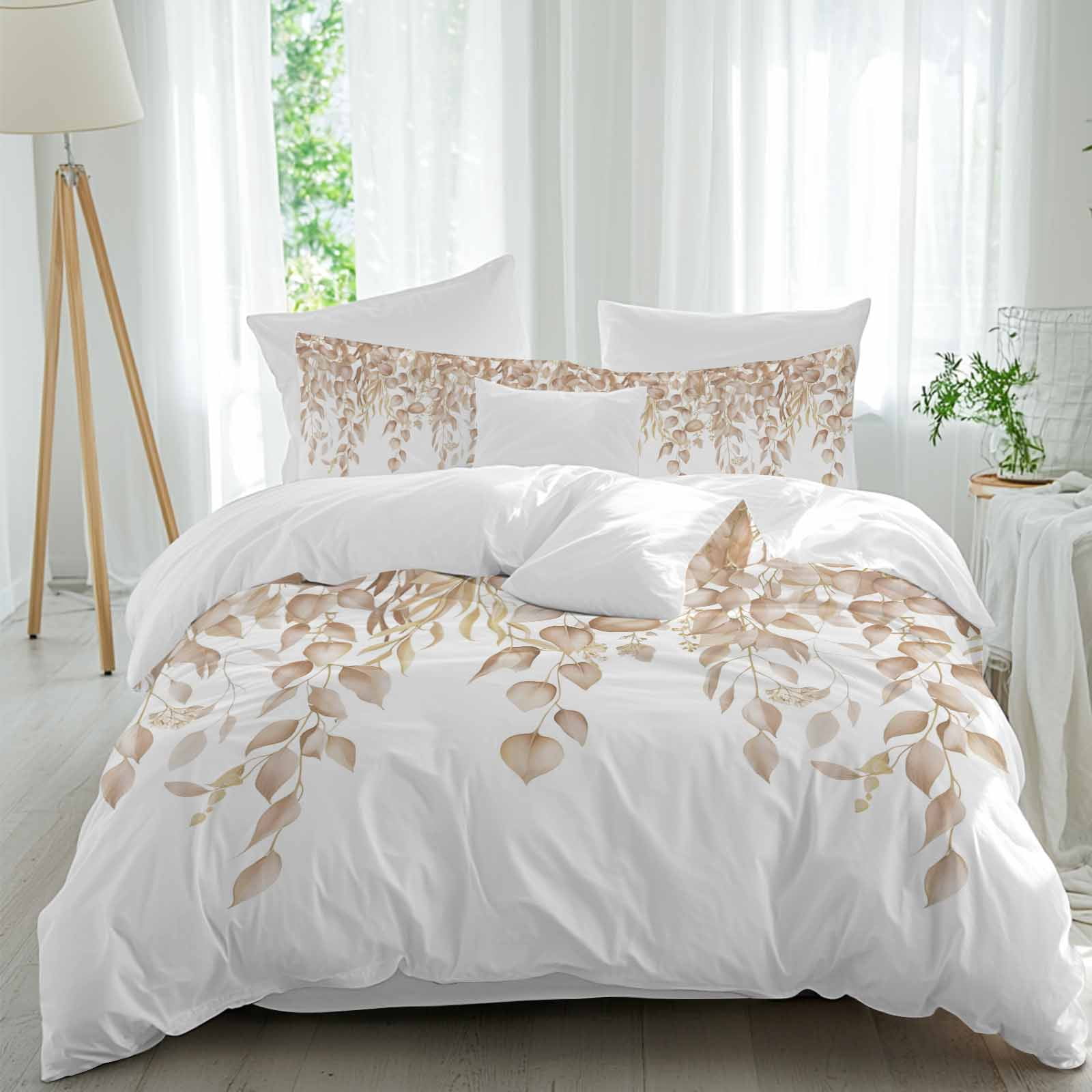 Brown Eucalyptus Leaves Queen Duvet Cover Set, Summer Farmhouses ...