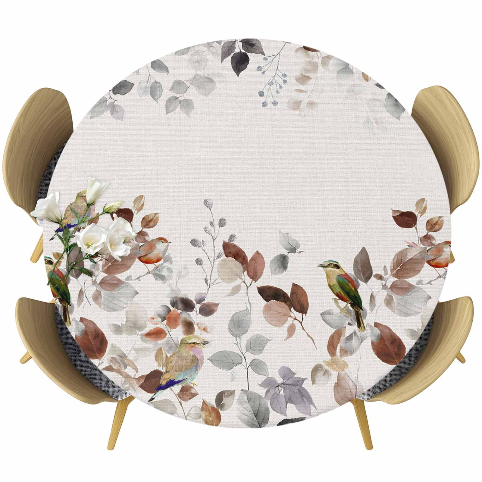 Brown Eucalyptus Leaves Round Fitted Tablecloth with Elastic Edge ...