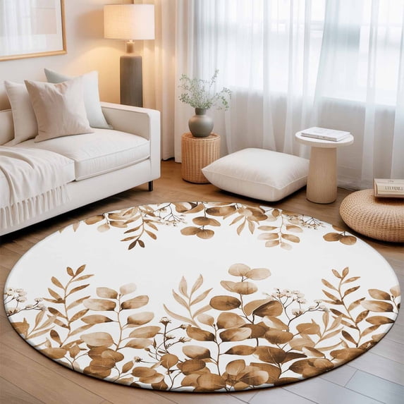 Brown Eucalyptus Leaves Round Rug 5ft Abstract Country Plants Washable ...