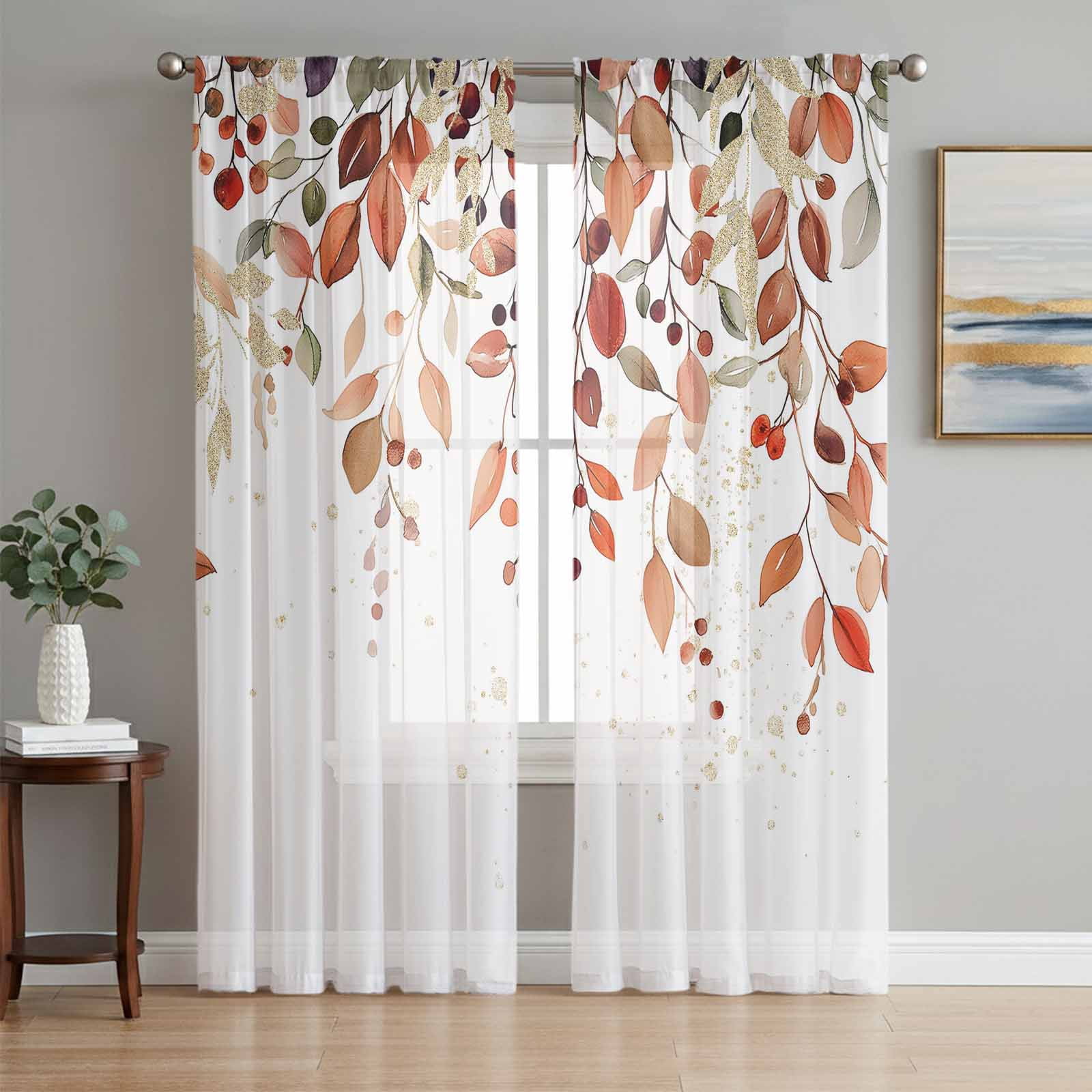 Brown Eucalyptus Leaves Sheer Curtains 63 Inch Length 2 Panels Set ...
