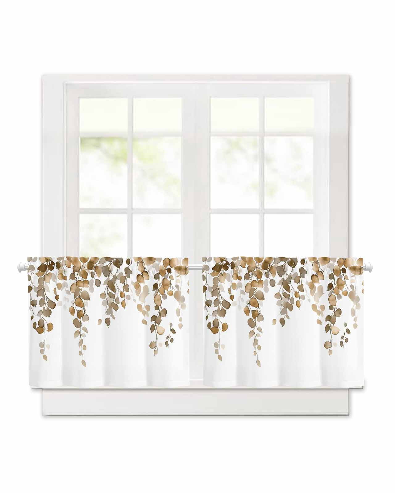 Brown Eucalyptus Leaves Short Blackout Curtains 24 Inch Long Watercolor ...