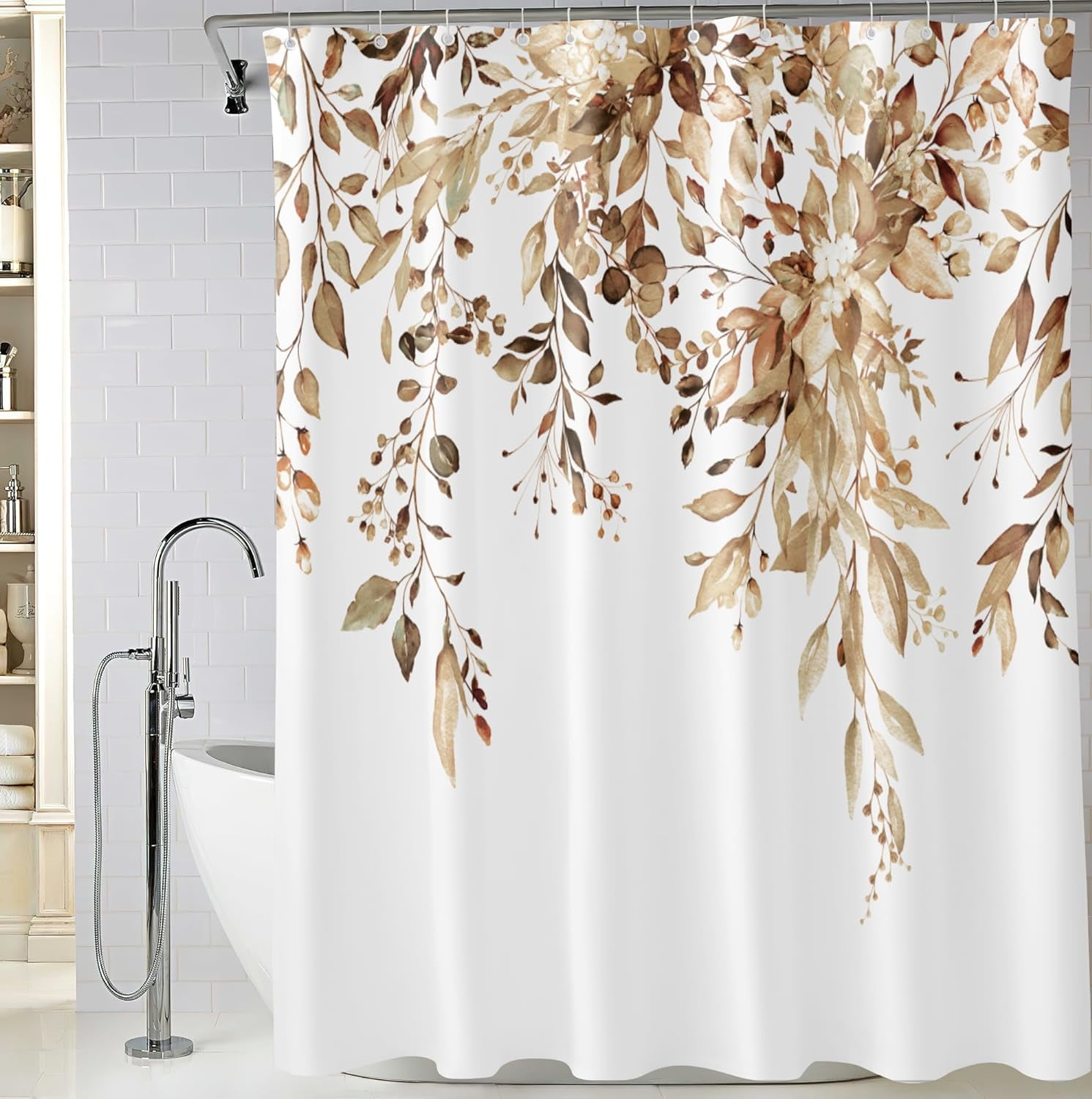 Brown Eucalyptus Leaves Shower Curtain, Watercolor Plant Floral Bathroom Shower Curtain, Fabric ...